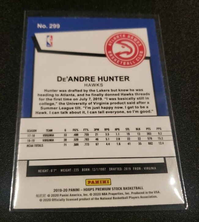 Deandre Hunter Panini NBA Hoops Premium Stock Tribute Rookie Card #299 ...