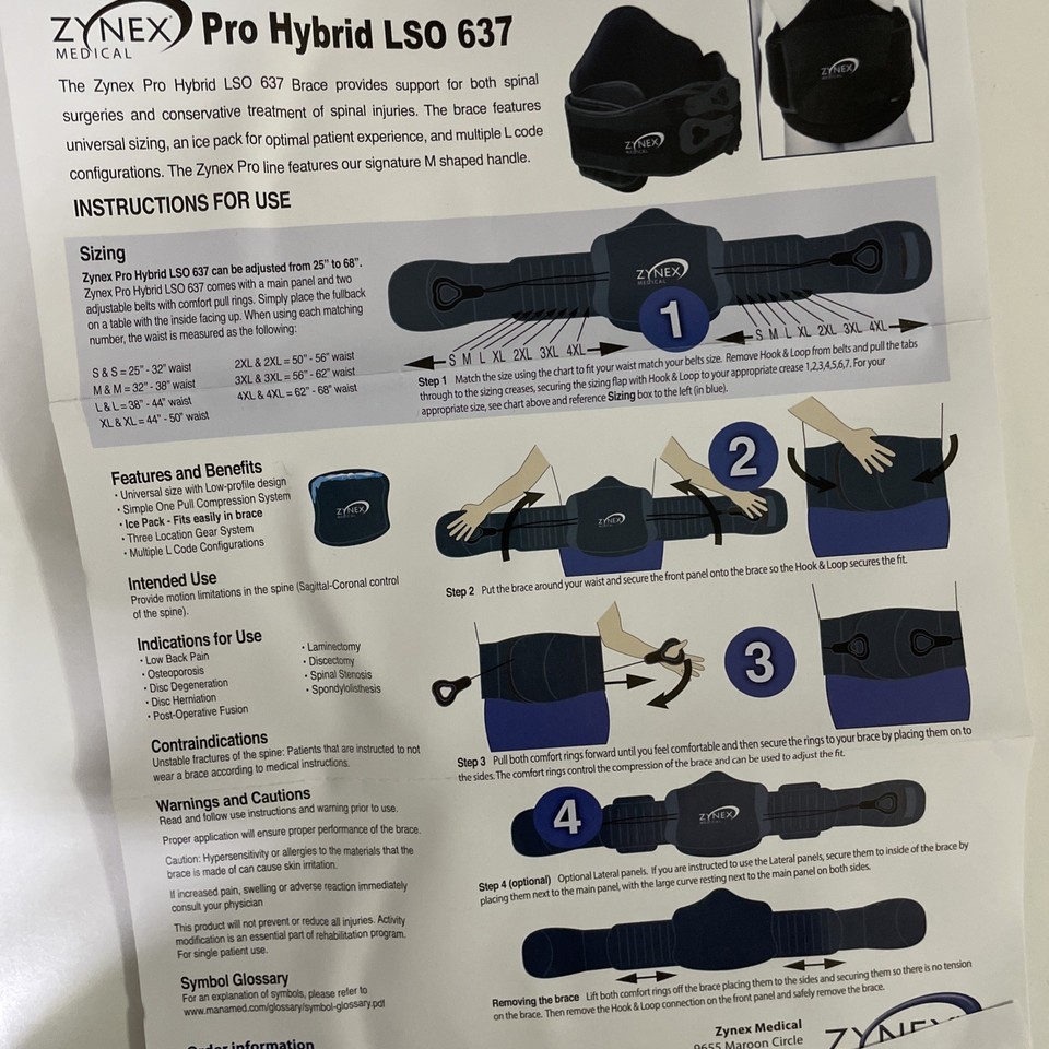 New Zynex PRO LSO BACK BRACE Low Profile Universal 25” To 68” Waistline ...