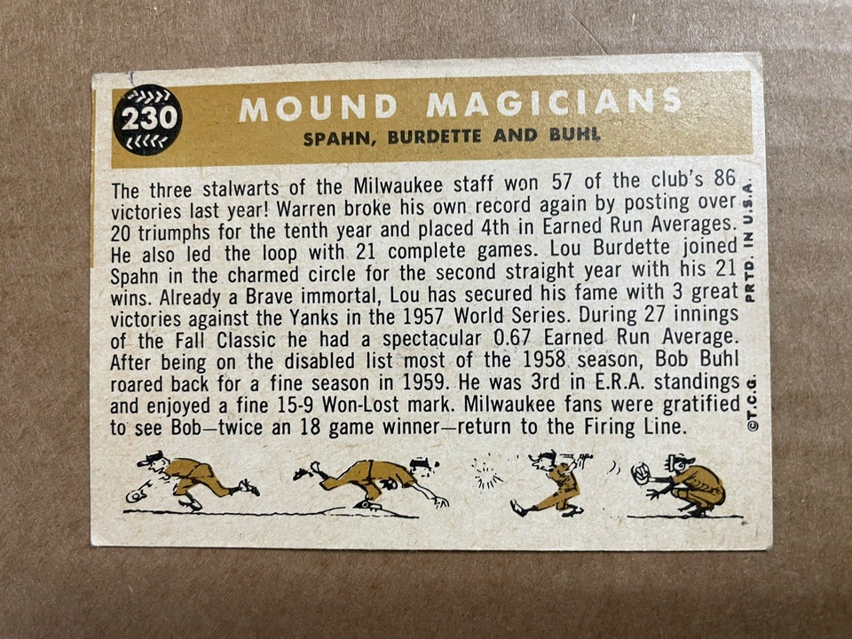 1960 Topps - #230 Mound Magicians: Warren Spahn, Bob Buhl, Lou Burdette ...