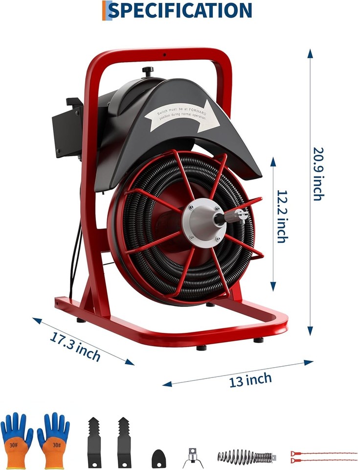 Drain Cleaner 75FT x1/2 In Steel Core Cable 370W Electric Drain ...