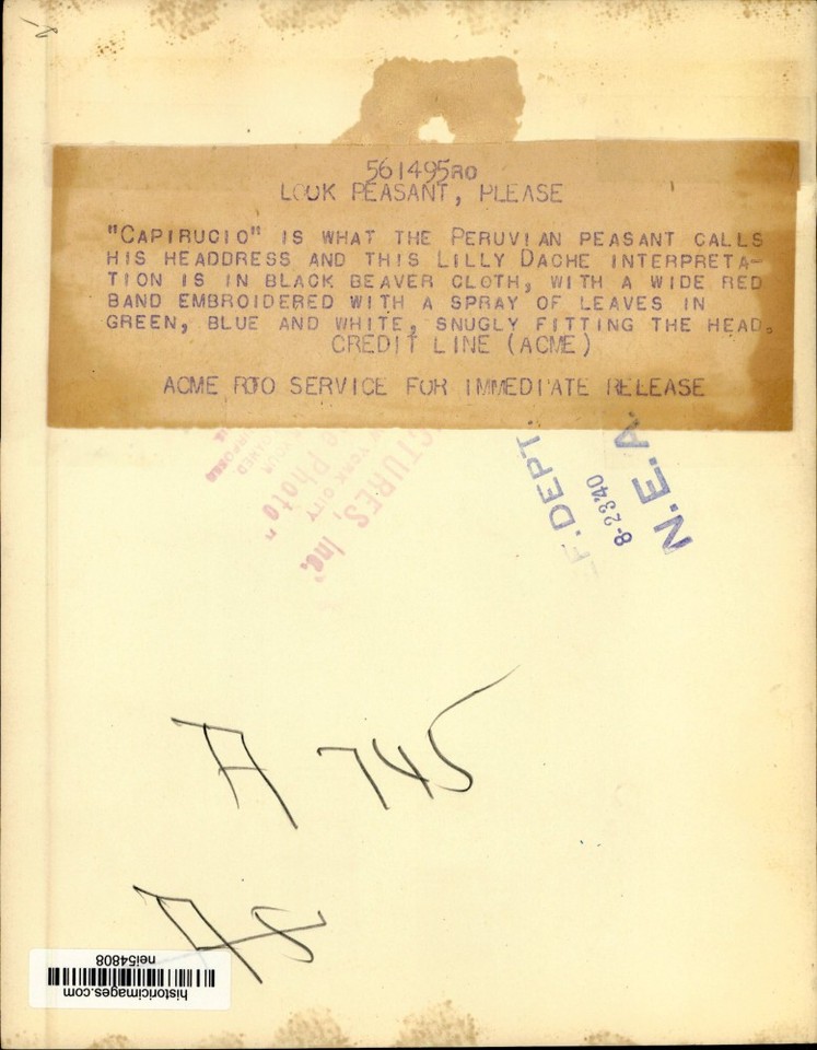 1940 Press Photo Model wears a Peruvian peasant "Capirucio" hat by ...