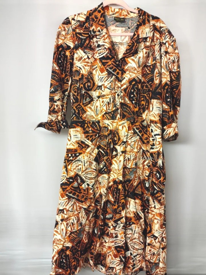 Stuart Alan Size 18 Vintage A-line Brown Print Dress Button Front ...