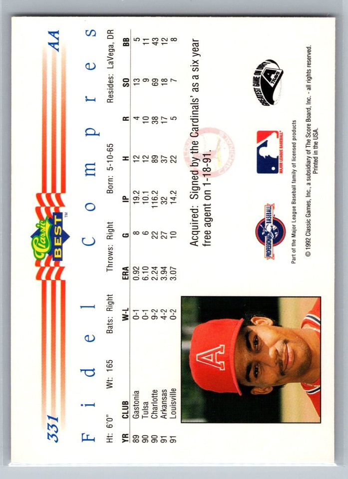 Fidel Compres 1992 Classic Best Set Break BASEBALL #331 Arkansas ...