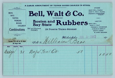 Ephemera BILLHEAD RECEIPT Bell Walt & Co Boston an Bay State Rubbers ...