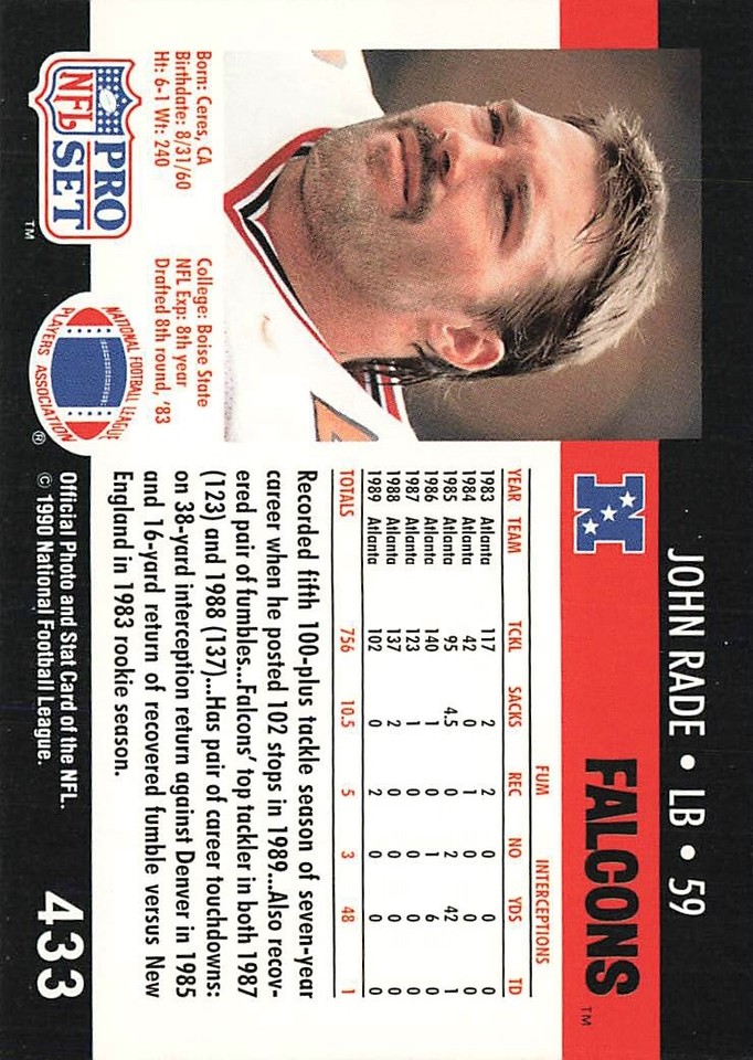 1990 Pro Set Football #433 John Rade Falcons | eBay