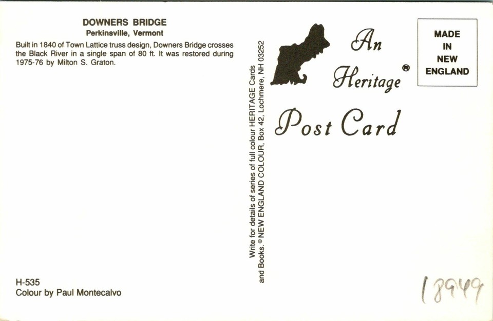 Perkinsville VT Downers Bridge Postcard unused (18949) | eBay