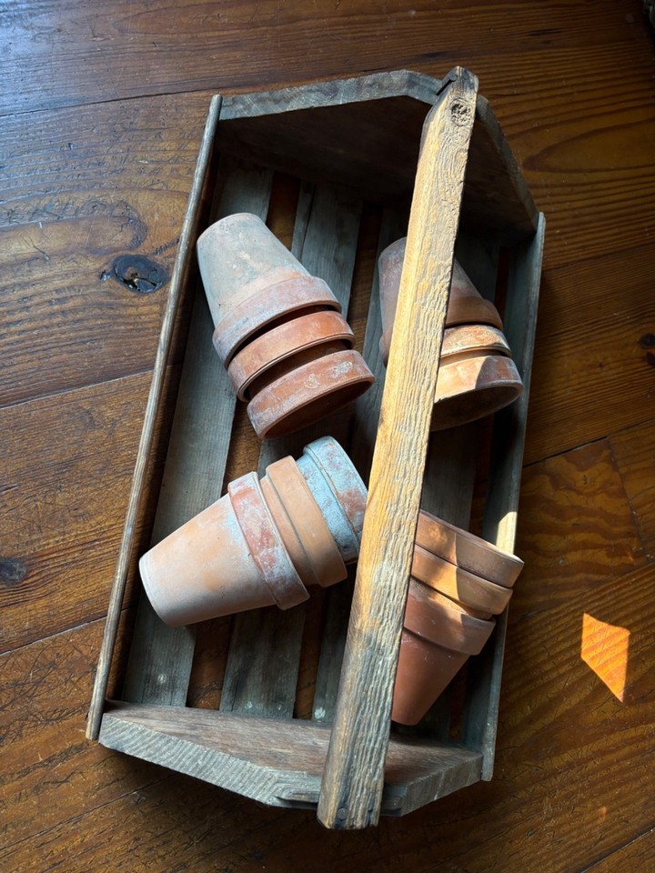ATQ Primitive Berry Picking Wooden Carrier w/ 12 Old Terra Cotta Pots ...