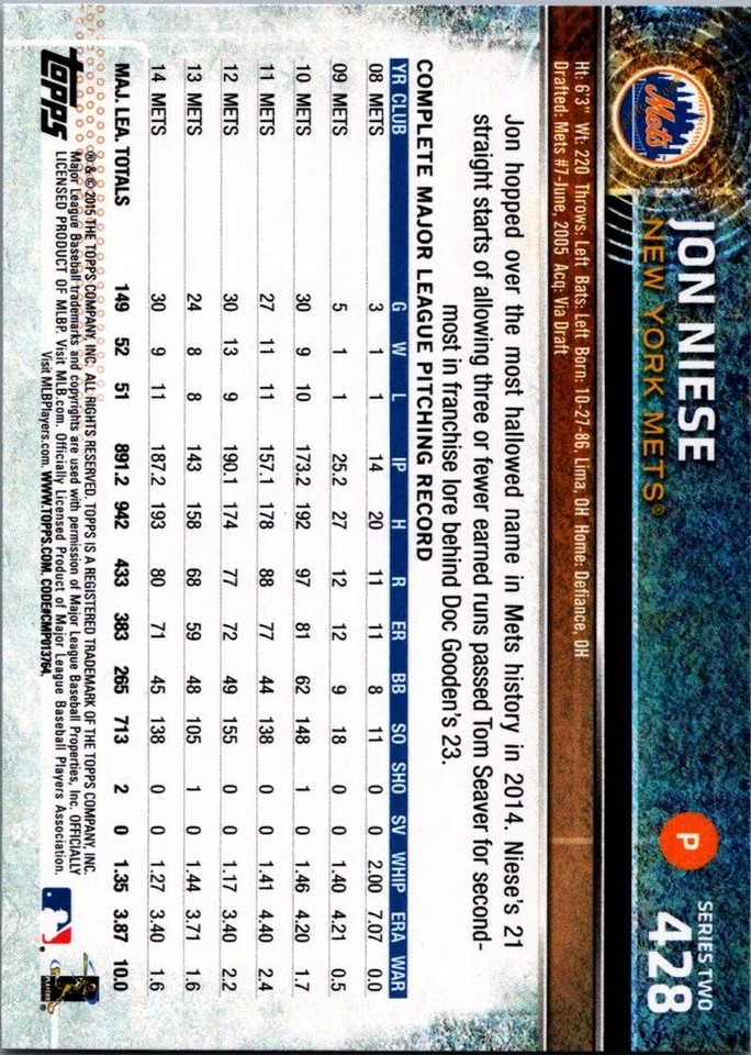 2015 Topps #428 Jon Niese New York Mets | eBay