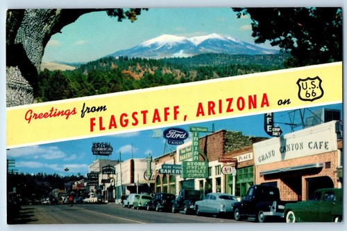 Flagstaff Arizona AZ Postcard Greetings Mountain Scene Business Section ...