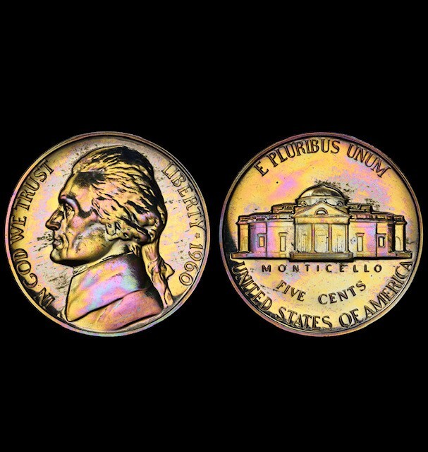 PR66 1960 5C Jefferson Proof Nickel PCGS Secure- Pretty Rainbow Toned ...