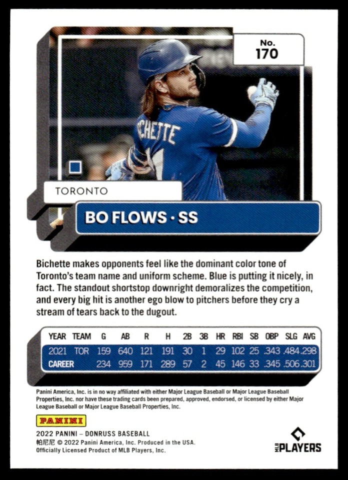 Bo Flows 2022 Donruss Nickname 275/301 #170 Toronto Blue Jays Parallel ...