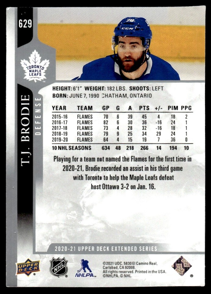 2020-21 Upper Deck T.J. Brodie Toronto Maple Leafs #629 15525 | eBay