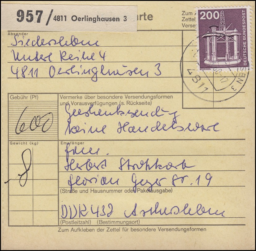994 IuT 3x 200 Pf MeF Paketkarte OERLINGHAUSEN 14.8.80 nach ...