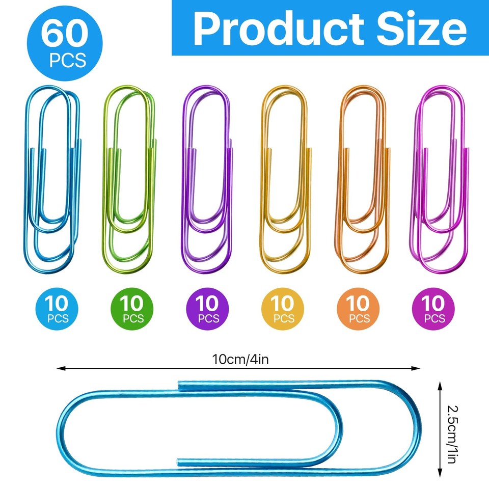 60 Pcs Large Paper Clips, 4 Inch Jumbo Paper Clips, Metal Multicolored ...
