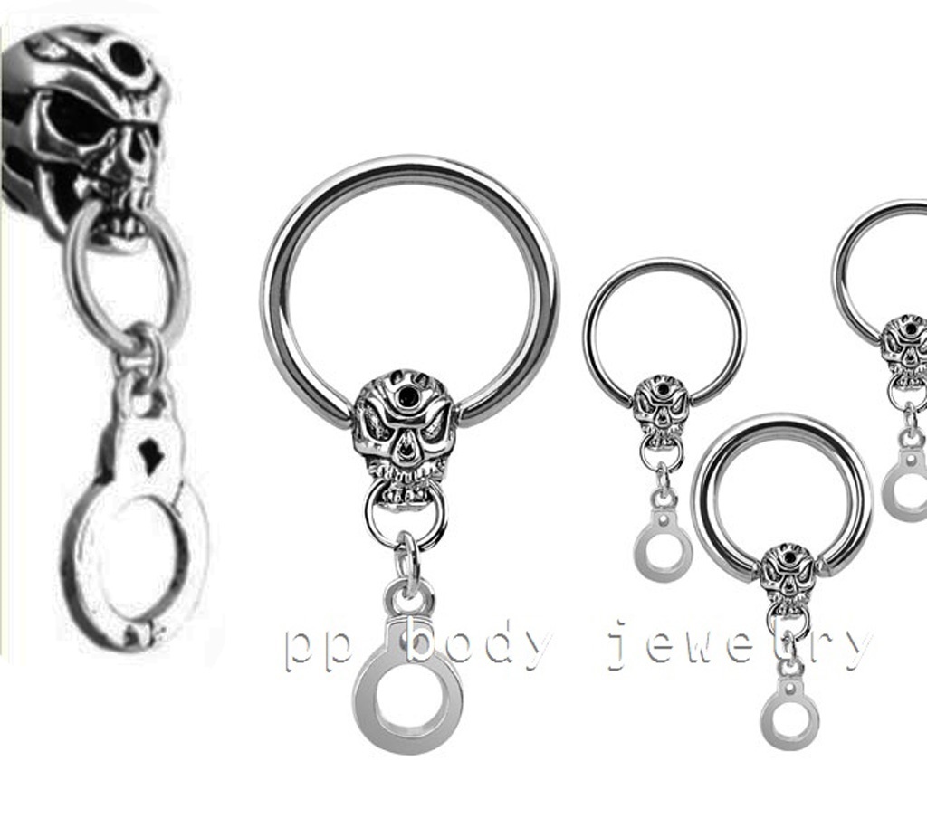 2pcs. 16g 14g 12g Steel Captive Bead Ring Skull and Handcuff Dangle ...