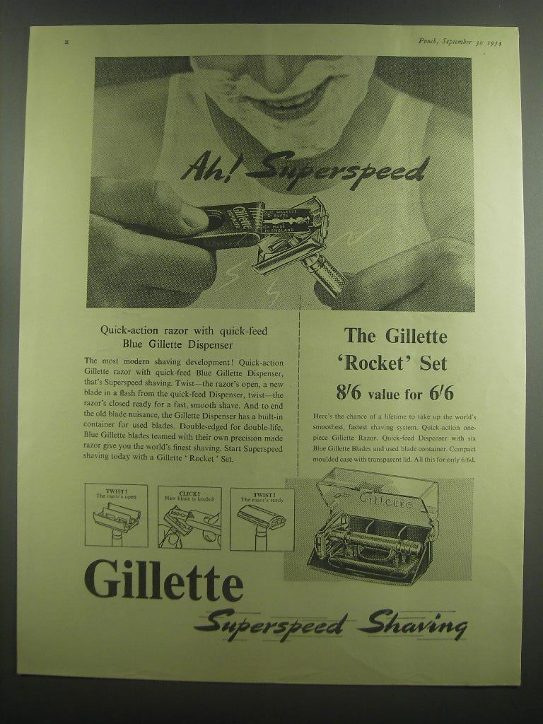 1953 Gillette Rocket Set Razor and Blue Gillette Dispenser Ad - Ah ...