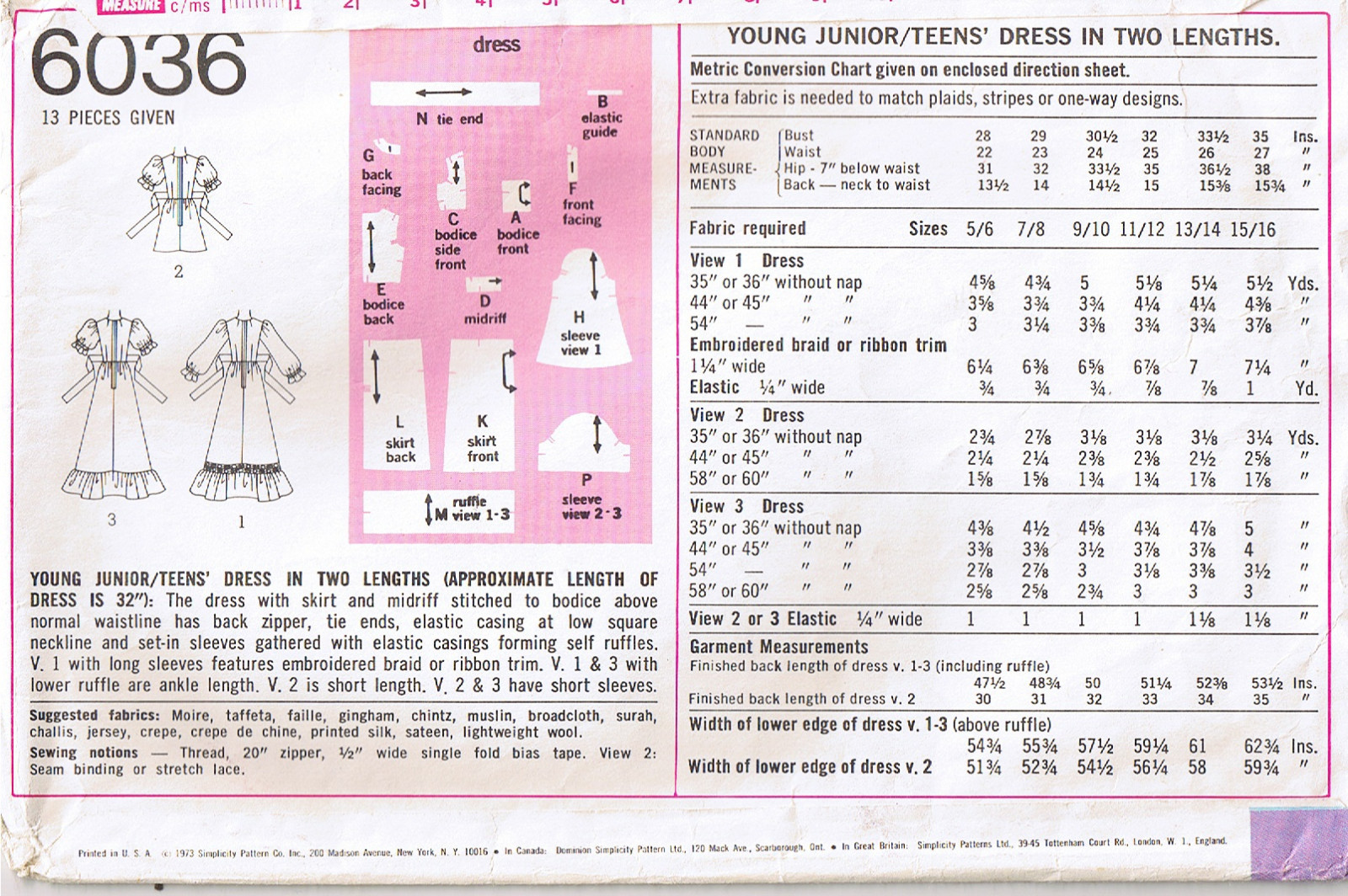 Girls Midriff Empire Waist Dress Ruffles Ties Sewing Pattern Junior ...