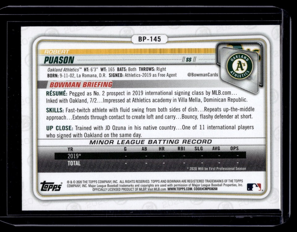 Robert Puason 2020 Bowman 1st Rookie Card RC Oakland A's #BP-145 | eBay