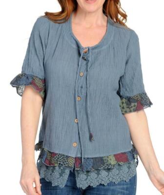 NEW NEW Indigo Thread Co Woven Gauze Lace & Ruffle Hem Tie-Neck Top ...