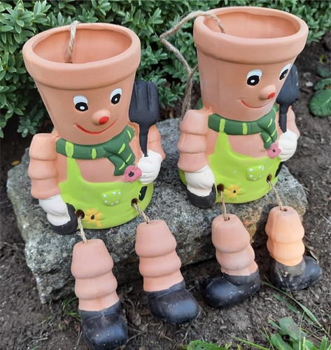 2x Terracotta Flower Bill & Ben Pot Man Planter Garden Ornament ...