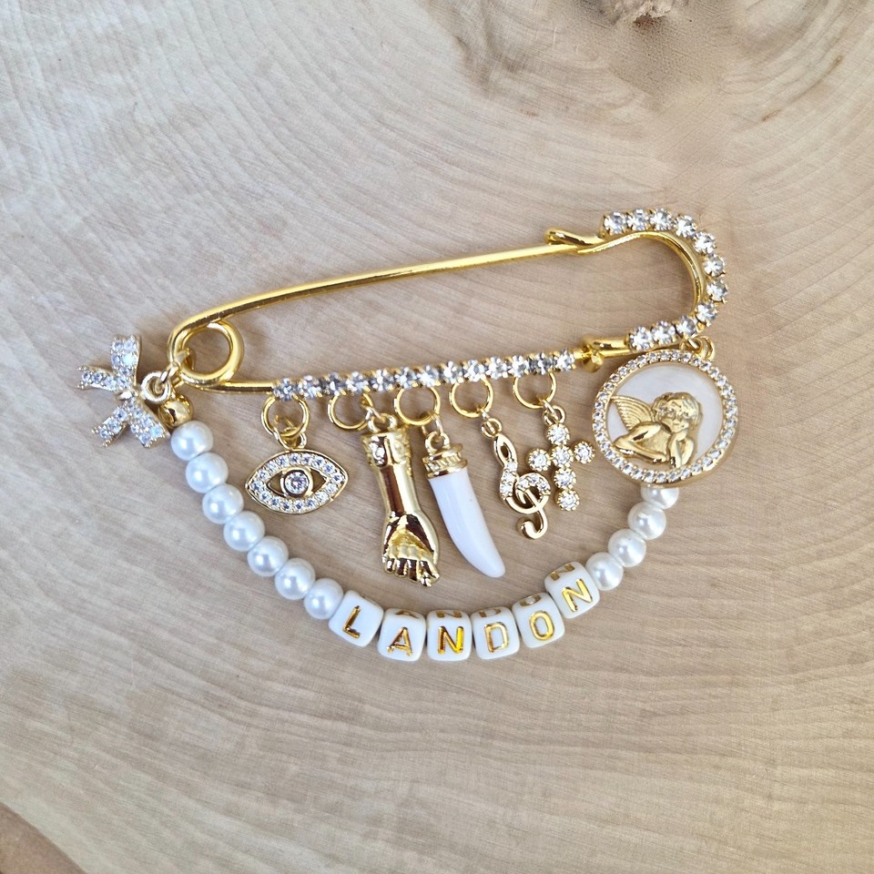 Personalized Baby Pin, Crystal Pin, Gold & Silver Charms, Baby's Name ...
