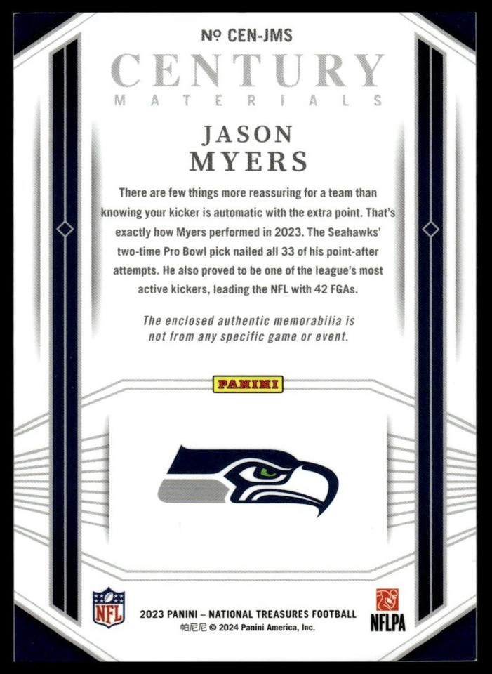 2023 Panini National Treasures #CEN-JMS Jason Myers Century Materials ...