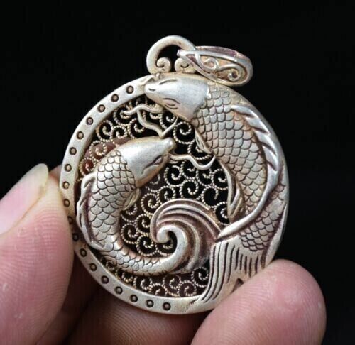4CM Rare Old China Miao Silver Feng Shui Double Fish Pendant Amulet ...