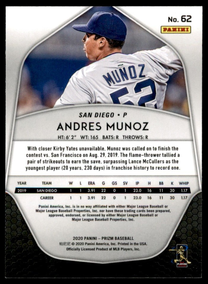 2020 Panini Prizm Andres Munoz RC San Diego Padres #62 | eBay