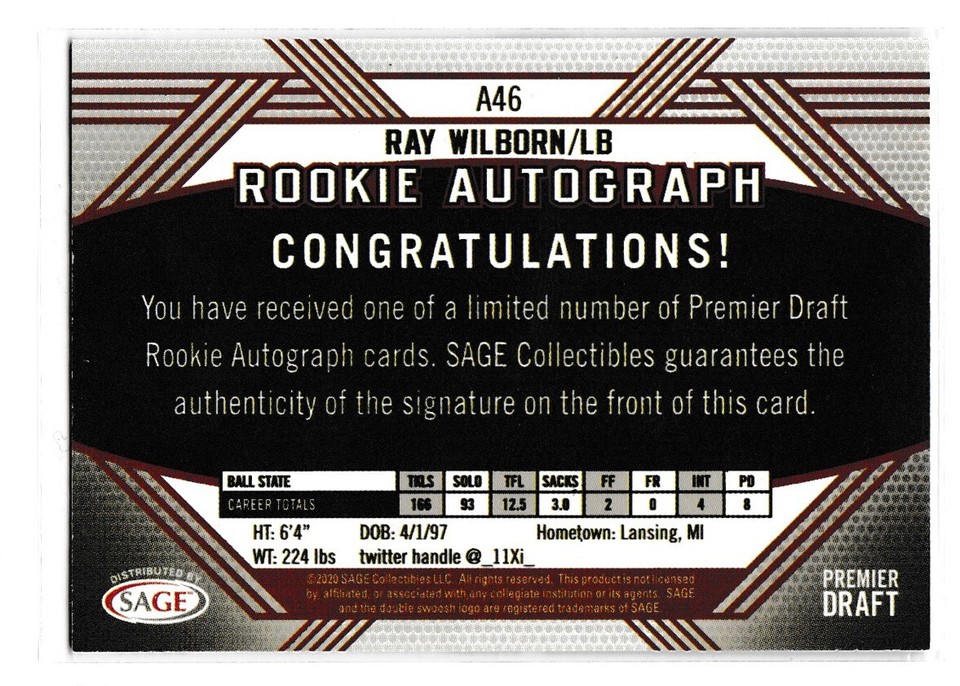 Ray Wilborn 2020 Sage Hit Premier Draft Blue Rookie Auto A46 RC | eBay