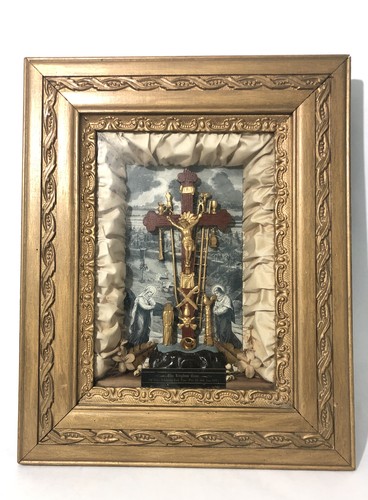 Antique Catholic Indulgences Shadow Box-21”x17” INRI Jesus “Thy Kingdom ...