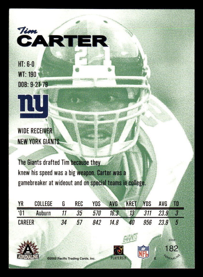 2002 Pacific Adrenaline Tim Carter #182 New York Giants Football Card ...
