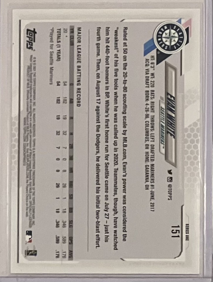 2021 Topps Series 1 EVAN WHITE RC #151 Rookie Seattle Mariners | eBay
