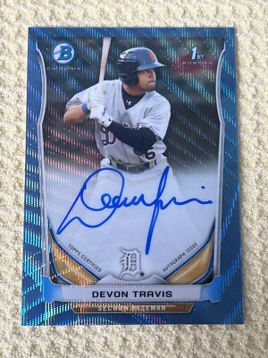 2014 Bowman Chrome Blue Wave Refractor Devon Travis Rookie Auto /50 ...