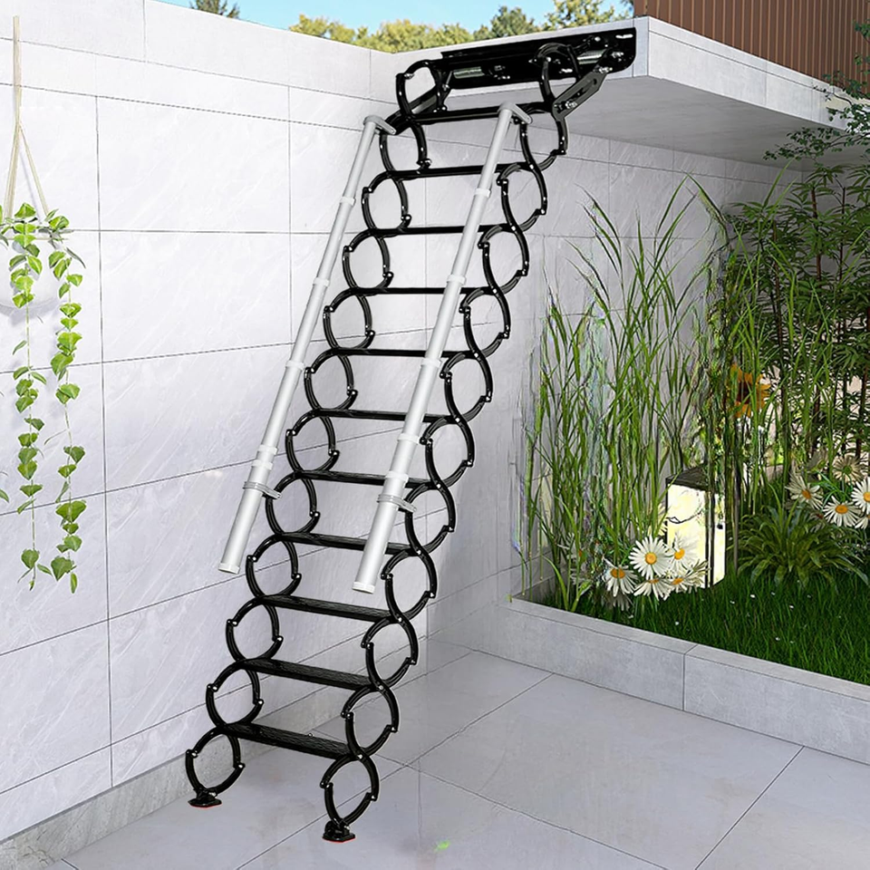Folding 12-Step Wall-Mounted Attic Ladder with Handrail & Non-Slip ...