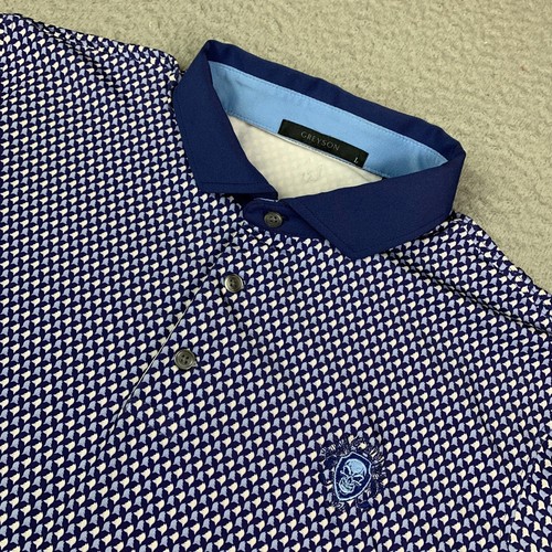 Greyson Golf Polo Mens Size L Blue Wolf AOP Short Sleeve Logo Skull | eBay