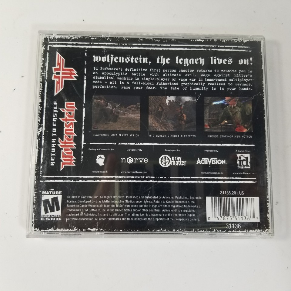 Return To Castle Wolfenstein PC CD ROM 2001 Jewel Case, Insert, CD Key ...