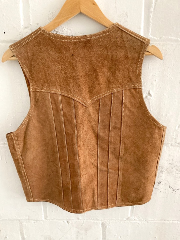 VTG 70s Genuine Leather Button Vest Made in Mexico Western Tan Suede ...