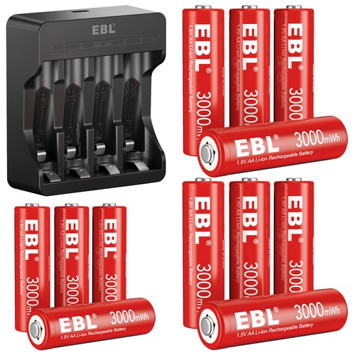 12x EBL AA Rechargeable 3000mWh Li-ion Batteries 1.5V Upgraded +4 Slot ...