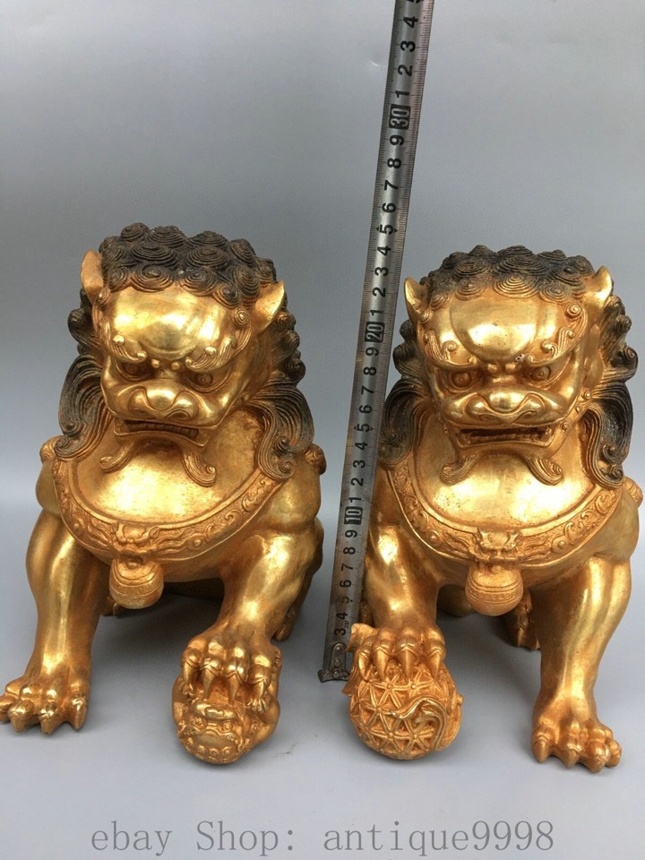 9.6'' Old Chinese Purple Bronze Gold Foo Fu Dog Lion Animal lingdang ...