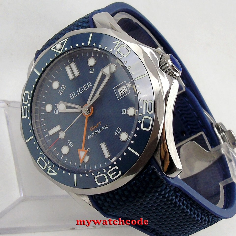41mm bliger blue dial GMT sapphire glass date Mechanical automatic mens ...