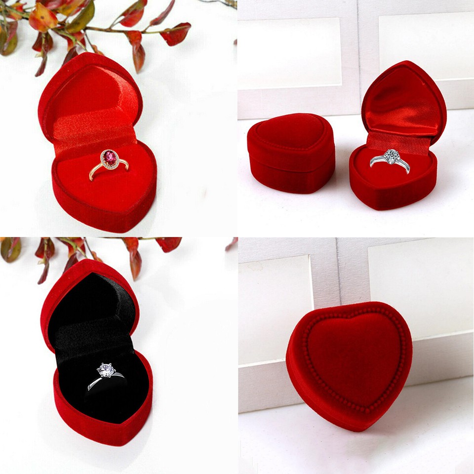 Red Love Heart Velvet Ring Box Holder Gift Romance Engagement Wedding ...