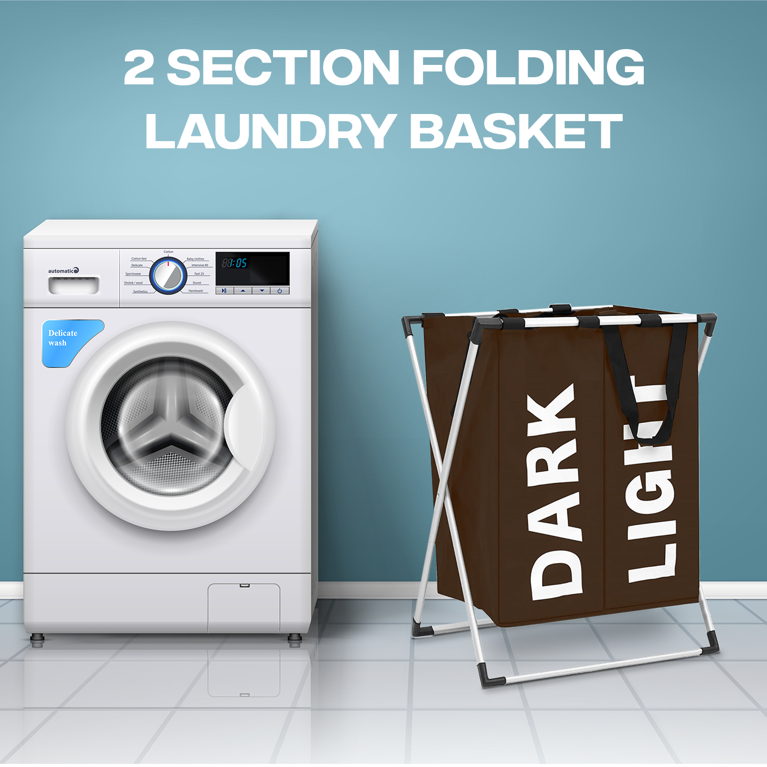 2 Section Folding Laundry Basket Hamper Washing Clothes Collapsible ...