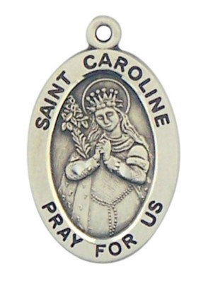 Patron Saint St Caroline 7/8" Oval Sterling Silver Medal on Rhodium ...