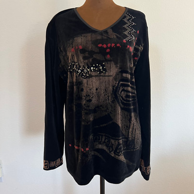 Katina Marie Size L Black Velvet V-Neck Long Sleeve Rhinestone ...