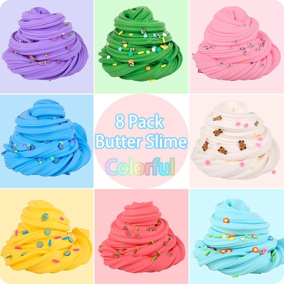 Fluffy Butter Slime Kit-8 Pack with Charms, Super Soft & Non-Sticky ...