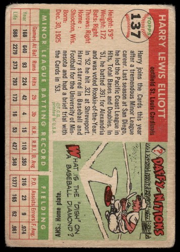 1955 Topps #137c Harry Elliott Rookie St. Louis Cardinals Very Good ...