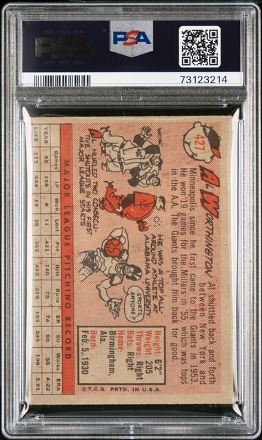 1958 58 Topps Al Worthington Vintage Baseball Card #427 San Fran Giants ...