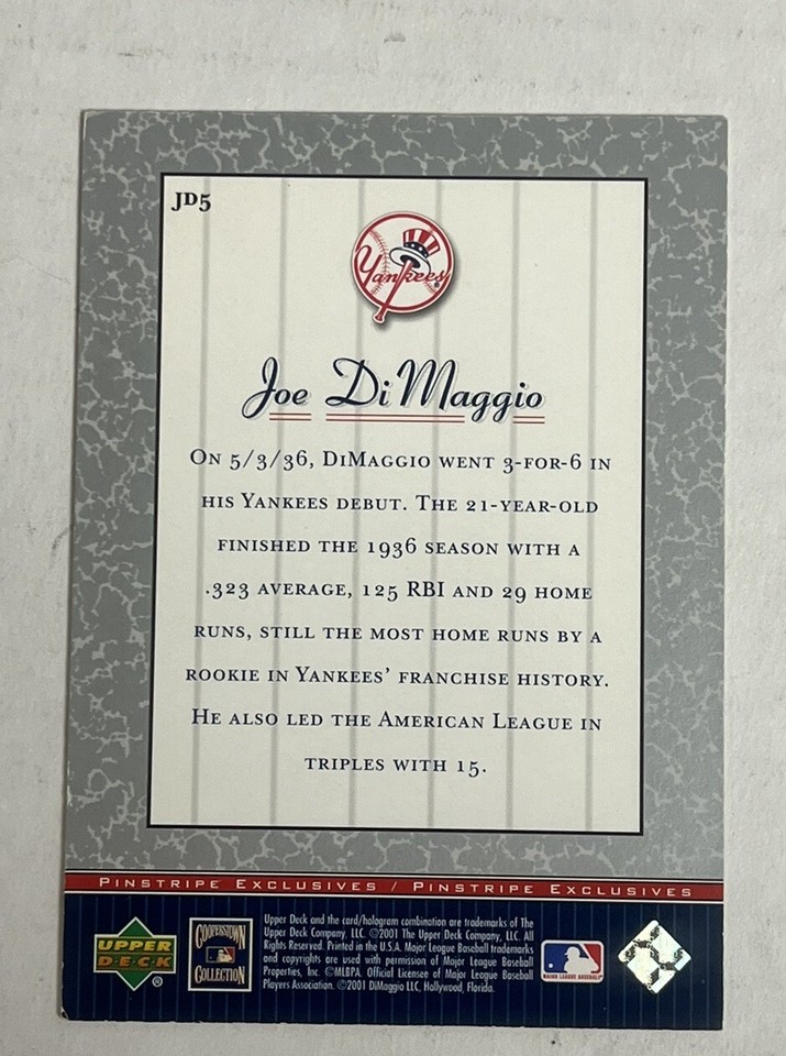 2001 Upper Deck Pinstripe Exclusives DiMaggio #JD5 Joe DiMaggio | eBay