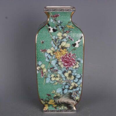 Old Chinese porcelain color Hand Painted flower bird vase Qianlong Mark ...