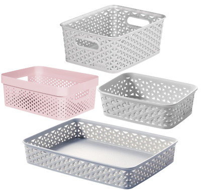 Curver Nestable Rattan Plastic Storage Basket Dot Boxes Tray Kitchen ...